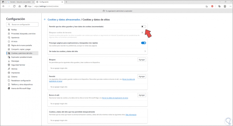 Microsoft Edge: Habilitar o desactivar Cookies para un sitio Web - Solvetic