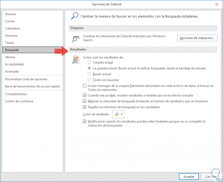 Cómo configurar búsqueda Outlook 2016, 2019 - Solvetic