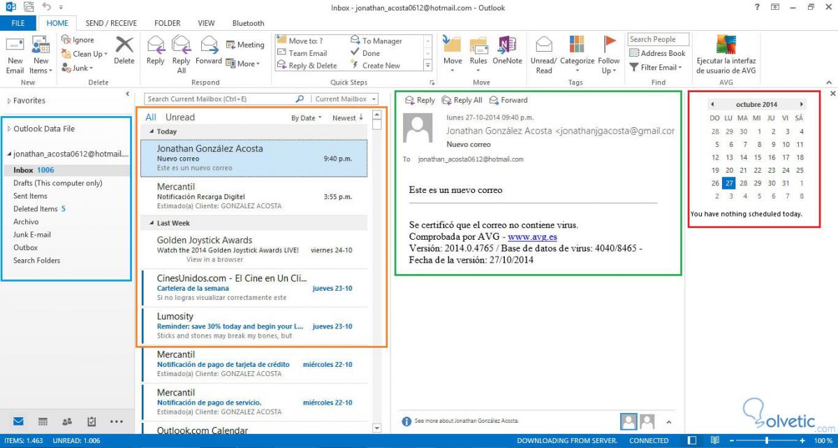 Interfaz principal de Microsoft Outlook 2013 - Solvetic