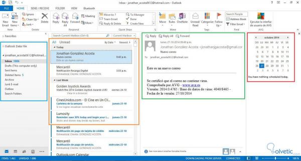 Interfaz principal de Microsoft Outlook 2013 - Solvetic